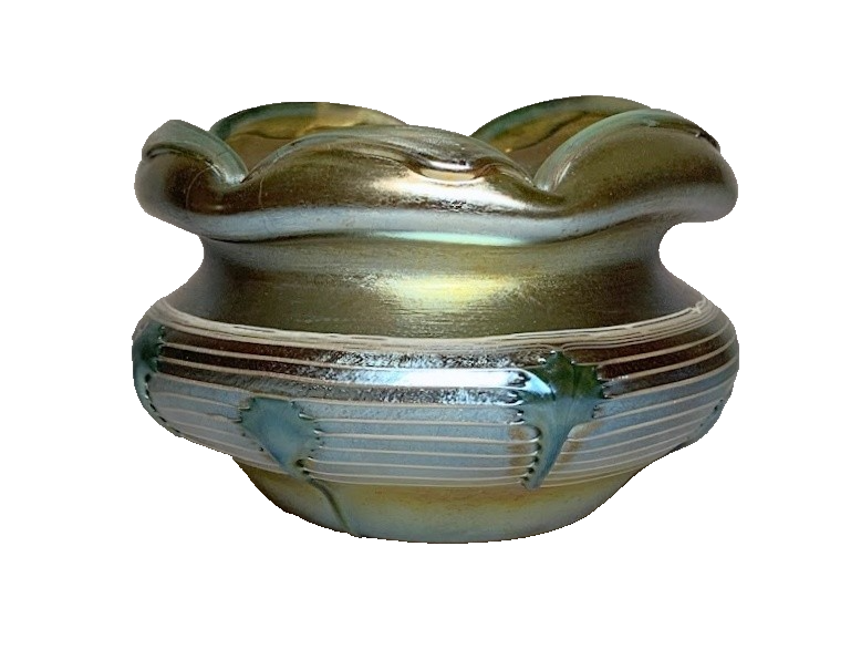 EARLY CORONA TIFFANY FAVRILE THREADED BLUISH GREEN LILY PAD VASE, EARLY ...