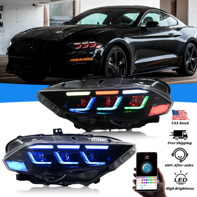 RGB LED Headlights For Ford Mustang 2018-2023 Pair Head Front Lamps ...
