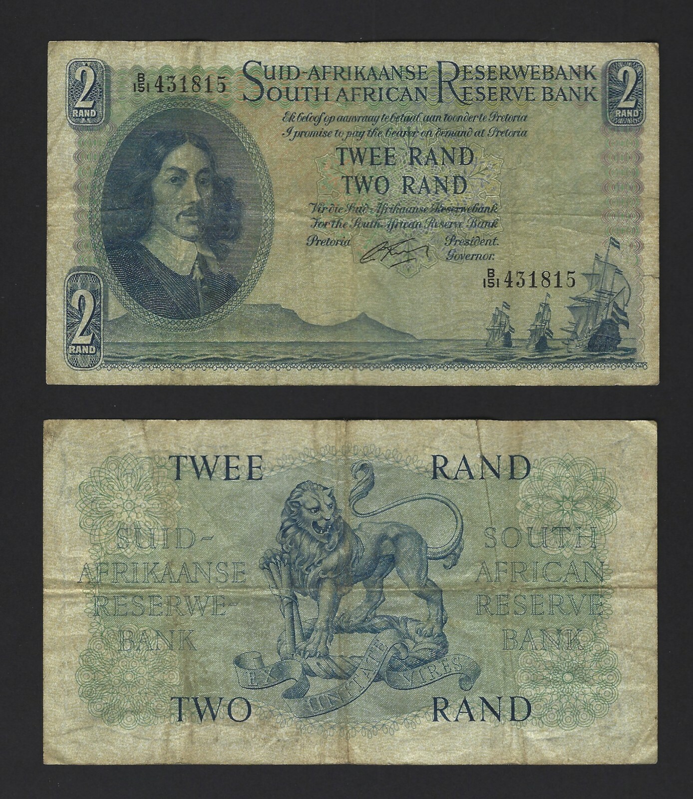 SOUTH AFRICA 2 Rand 1962-65, P-105b, Sign: Rissik, Afrikaans Top, Orig ...
