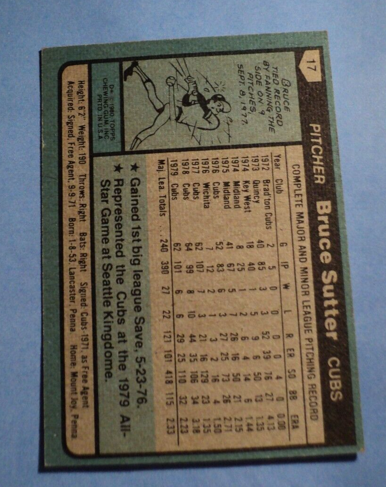 1980 Topps #17 Bruce Sutter Chicago Cubs EX AUCT#10911 | eBay