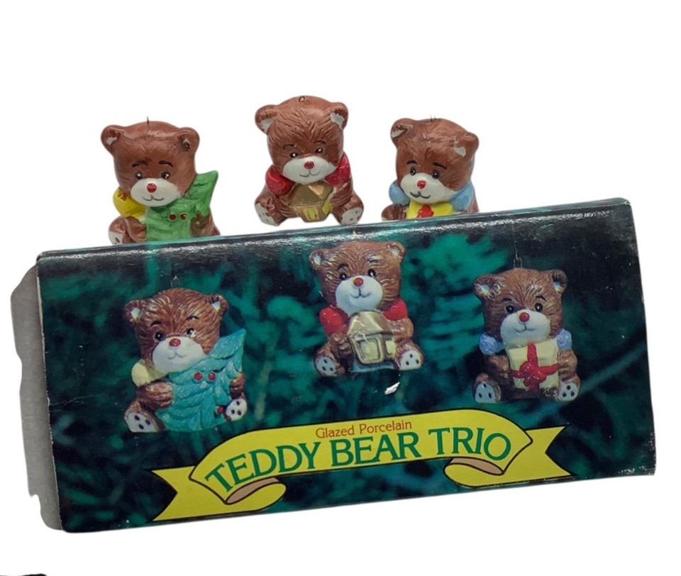 Vtg Teddy Bear Trio Glazed Porcelain Figurines Ornaments Christmas ...