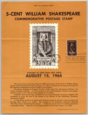 #1250 William Shakespeare USPS Bulletin FDC Maxi Card - Note Shipping ...