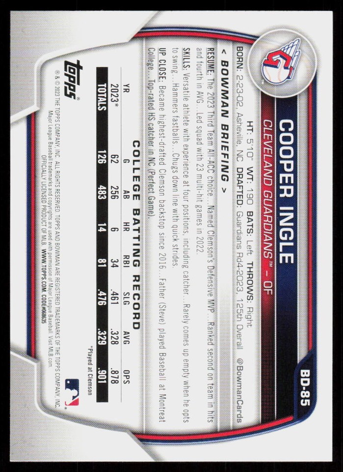 2023 Bowman Draft Cooper Ingle #BD-85 BASEBALL Cleveland Guardians | eBay