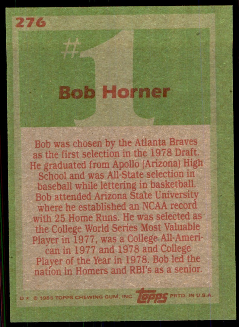 1985 Topps Baseball Card Bob Horner B Baseball Cards #276 | eBay