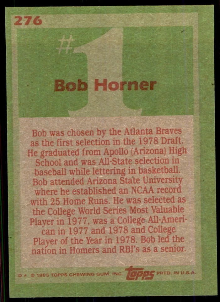 1985 Topps Baseball Card Bob Horner B Baseball Cards #276 | eBay