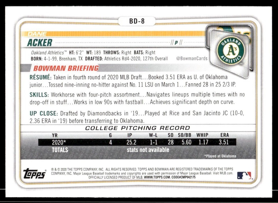 2020 Bowman Draft Dane Acker G372 Oakland Athletics #BD-8 | eBay