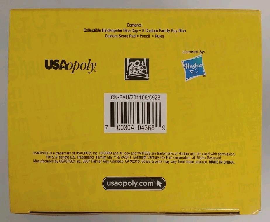 Yahtzee Family Guy HINDENPETER Collector's Edition Dice Game - Sealed ...