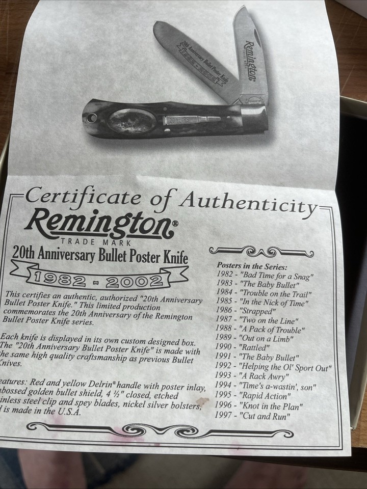 REMINGTON 2 BLADE TRAPPER The 20th Anniversary Bullet Poster Knife 1982 ...