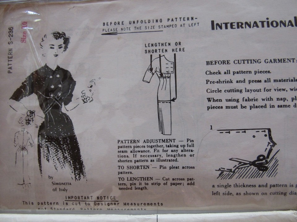SIMONETTA Italy FF 50s Spadea S-236 Vintage Sewing Pattern Womens Dress ...