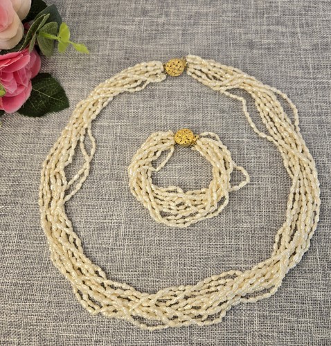 Vintage Set Of Pearl 10-Row Pochi Long Necklace & Bracelet, Silver ...