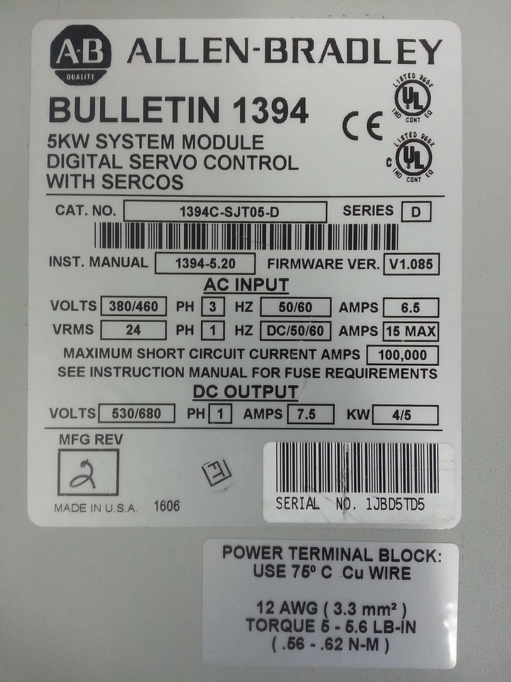 ALLEN BRADLEY KINETIX 1394 DIGITAL SERVO CONTROLLER 1394C-SJT05-D SER D ...