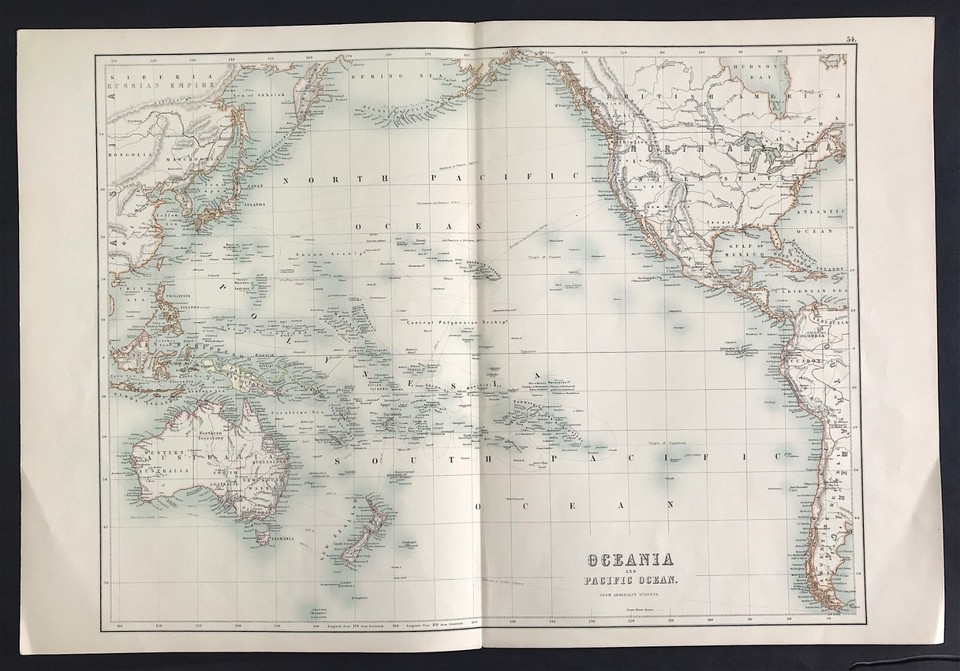 Map Oceania by A & C Black c1879 Map chart large double page colour | eBay