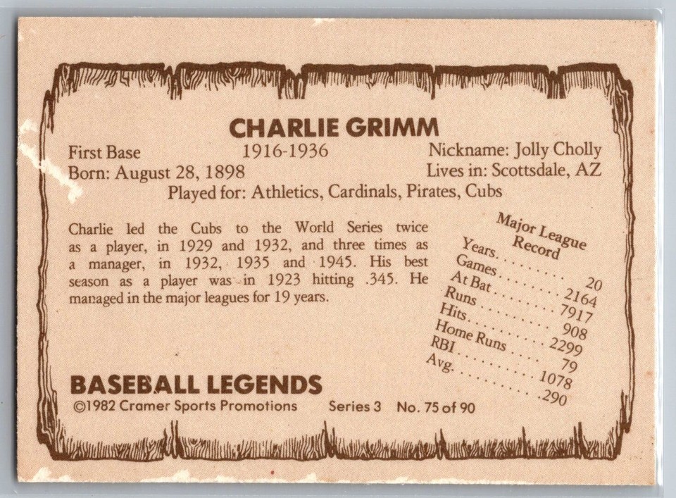 1982 Cramer Sports Baseball Legends #75 Charlie Grimm MLB Baseball Card ...