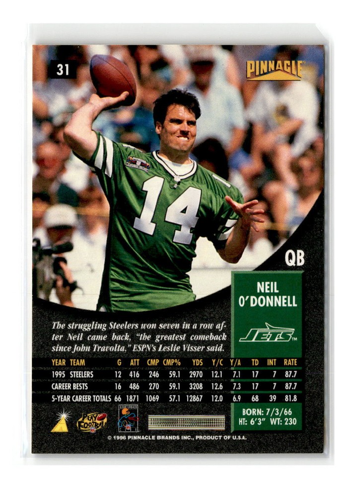 1996-Pinnacle Premium Stock-#31-Neil O'Donnell -New York Jets | eBay