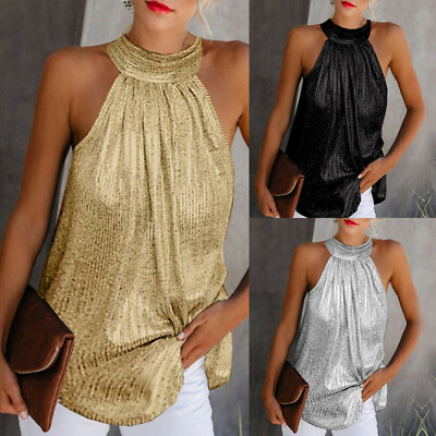 Sexy Damen Ärmellose Bluse Glitzer Riemchen Neckholder Cami Top Abend ...