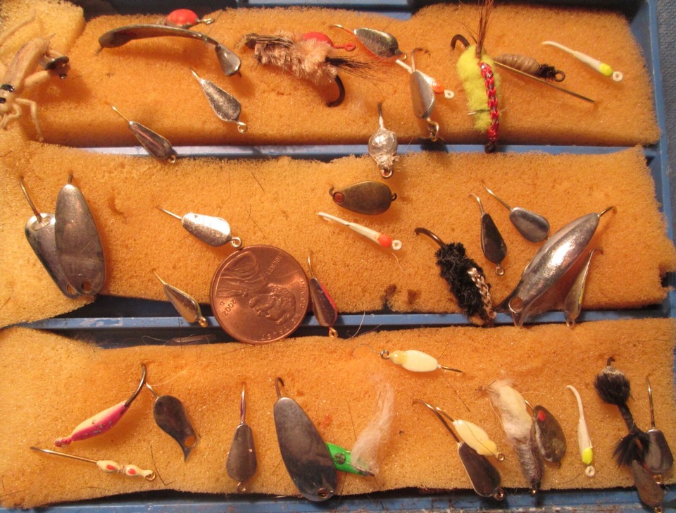 Vintage ICE FISHING JIGS & SPOONS w/Box ~ Trout Bass Bluegill Bait Lure ...