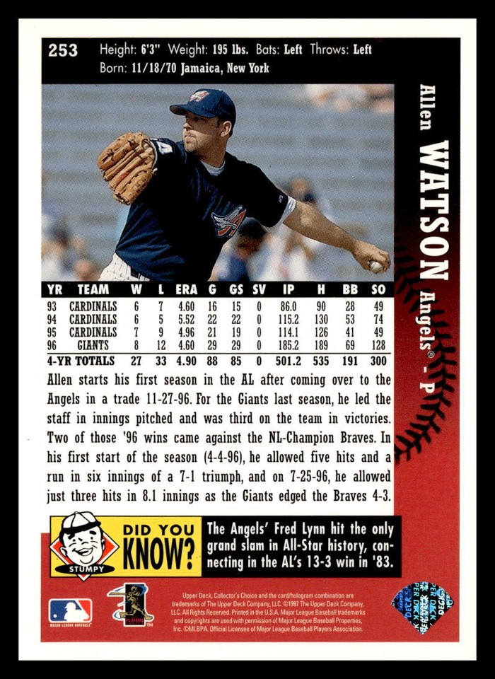 1997 Collector's Choice #253 Allen Watson Anaheim Angels Baseball Card ...