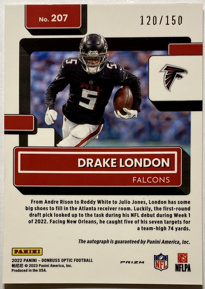 2022 Optic Drake London RC #207 Silver Prizm Auto /150 Atlanta Falcons ...