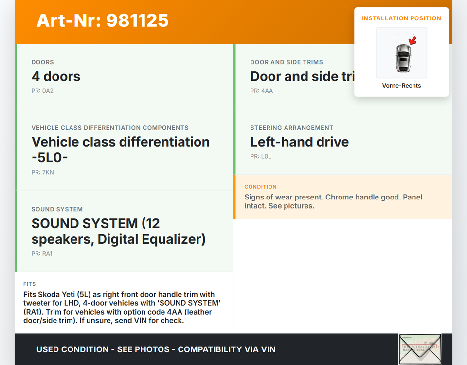 Handle Cover Door Tweeter Front Right for Skoda Yeti 5L 09-15 ...
