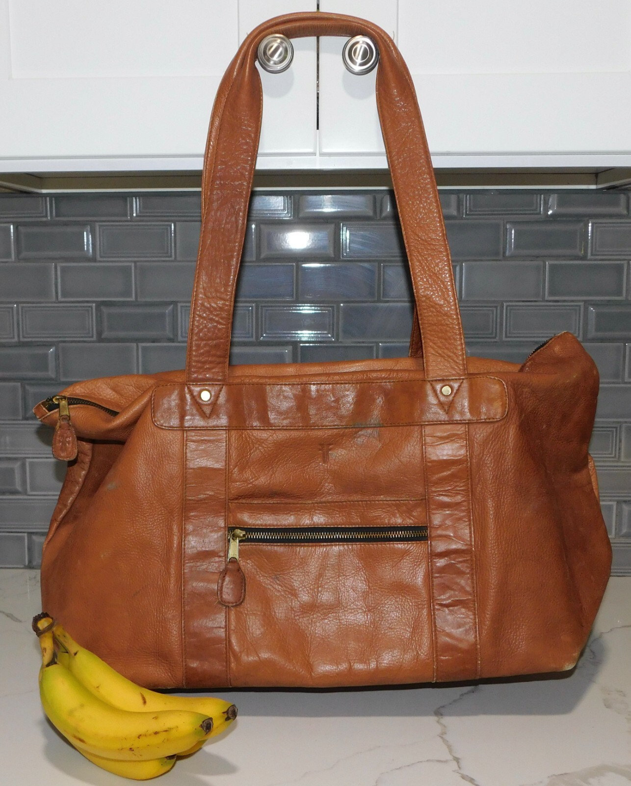 FRYE LEATHER TOTE BAG OVERNIGHT X-LARGE ZIP TOP VTG ATTACHED COIN PURSE ...