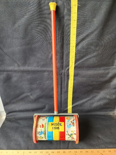VINTAGE Fisher Price Musical Chime Roll Push Barrel Metal Litho Wood ...