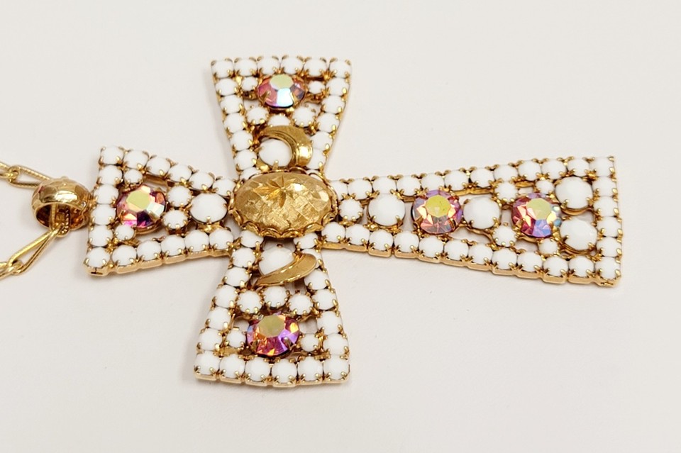 Vintage Alice Caviness Cross Necklace White Milk Glass Pink AB ...