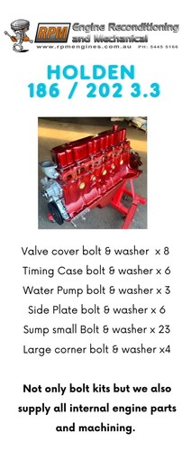 Holden 6 cylinder 179 186 202 3.3 bolt set for sump, side plate, rocker ...