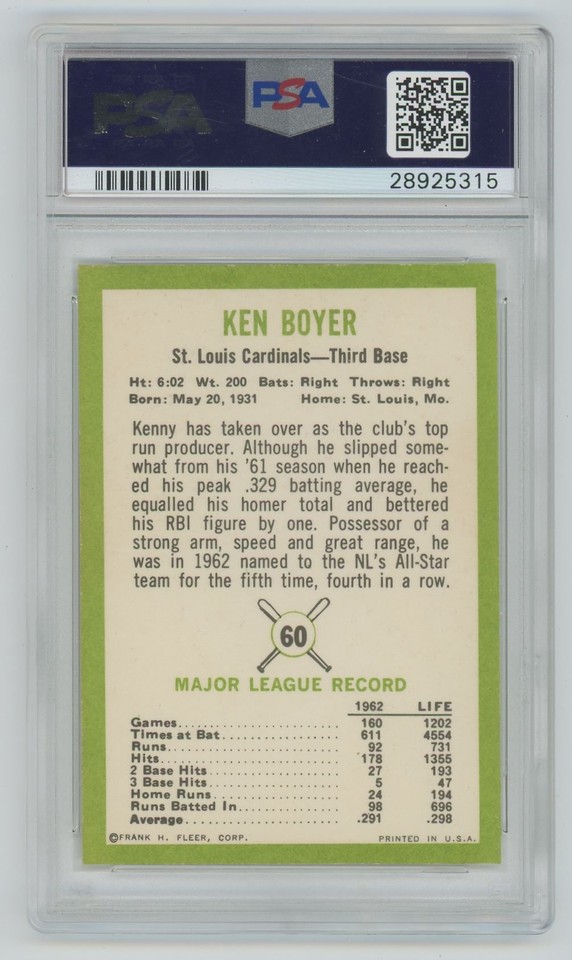 1963 FLEER #60 KEN BOYER CARDINALS PSA 7 NM | eBay