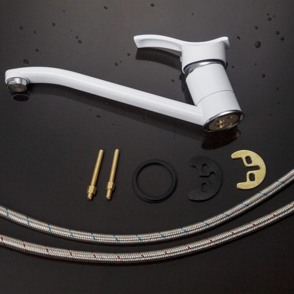 White Swivel Long Spout Faucet Bathroom Single Handle Sink Basin Mixer ...