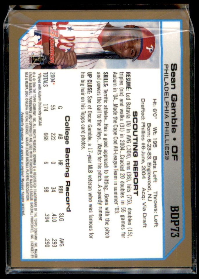 2004 BOWMAN DRAFT PICKS & PROSPECTS SEAN GAMBLE RC PHILADELPHIA ...