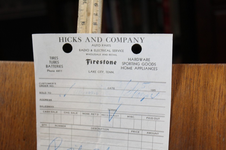 1954 Vintage Receipt Firestone Store Hicks and Co. Lake City Tennessee ...