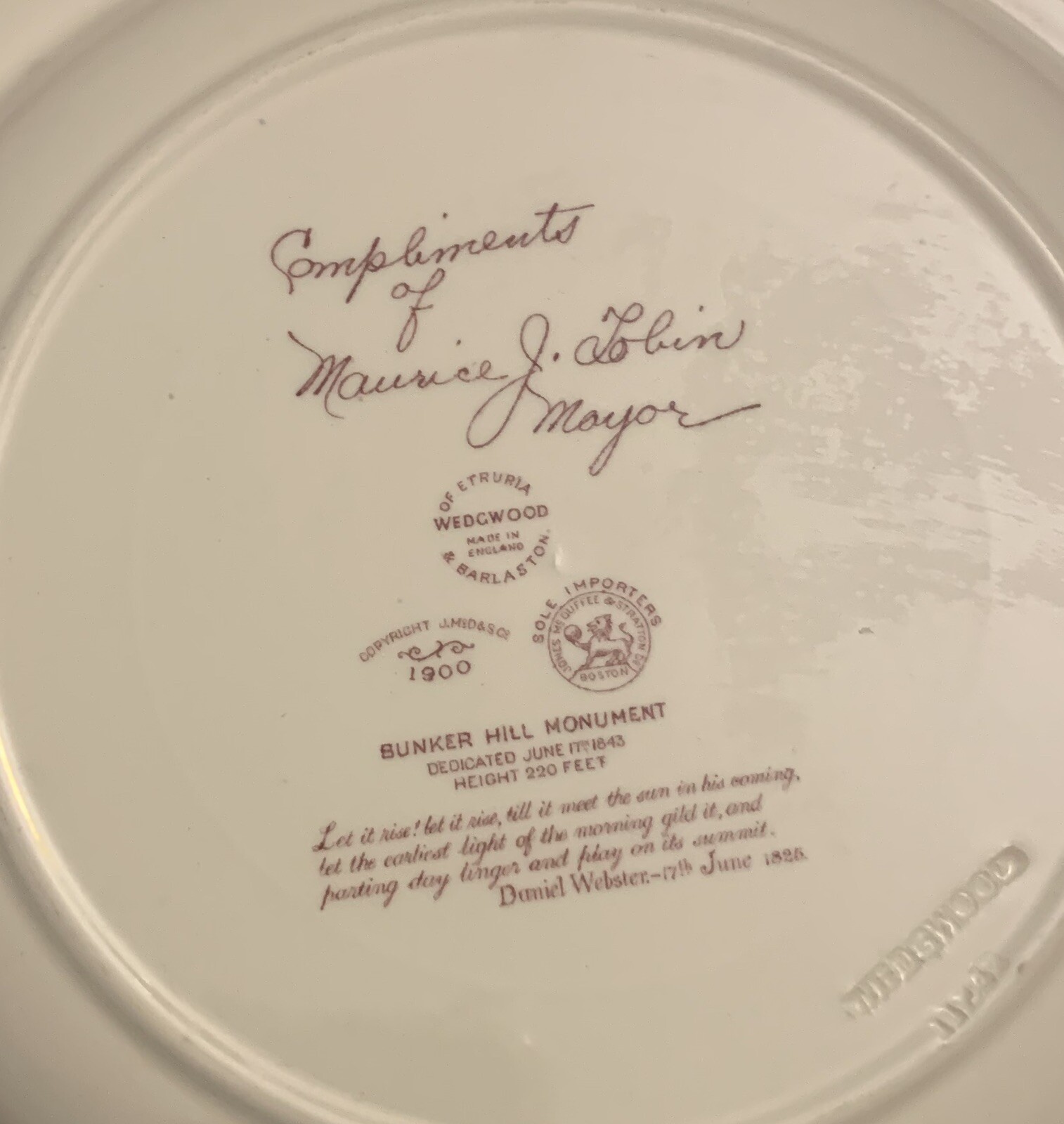 WEDGWOOD PLATE SIGNED BOSTON MAYOR MAURICE TOBIN BUNKER HILL | eBay
