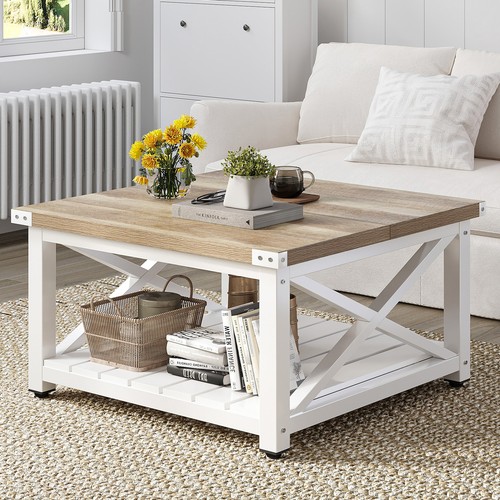 Modern Farmhouse Coffee Table Wood Square Center Table with Open ...