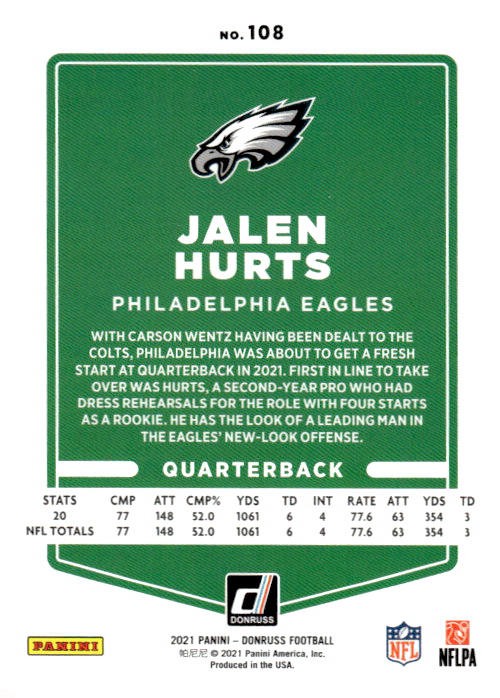 2021 Donruss #108b Jalen Hurts No Helmet | eBay