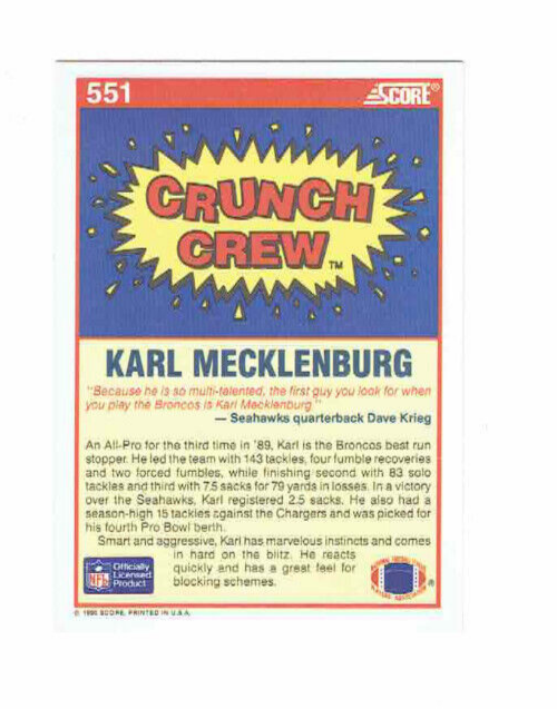 Karl Mecklenburg #551 Score 1990 Crunch Crew Slam Football Card | eBay