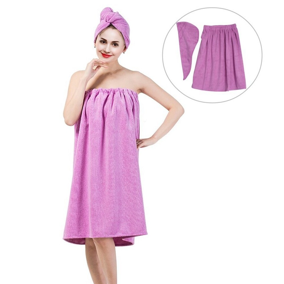 Women Soft Spa Bath Body Wrap Set Towel Bathrobe With Fast Dry Hair ...
