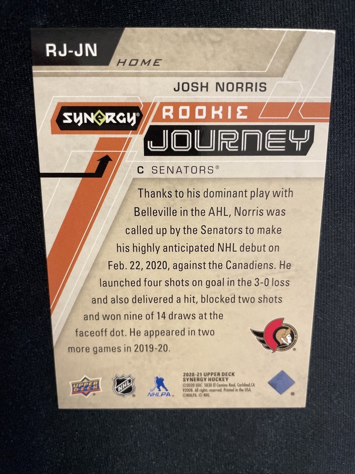 20-21 UD Synergy Hockey Rookie Journey Rainbow RJ-JN Josh Norris /799 ...