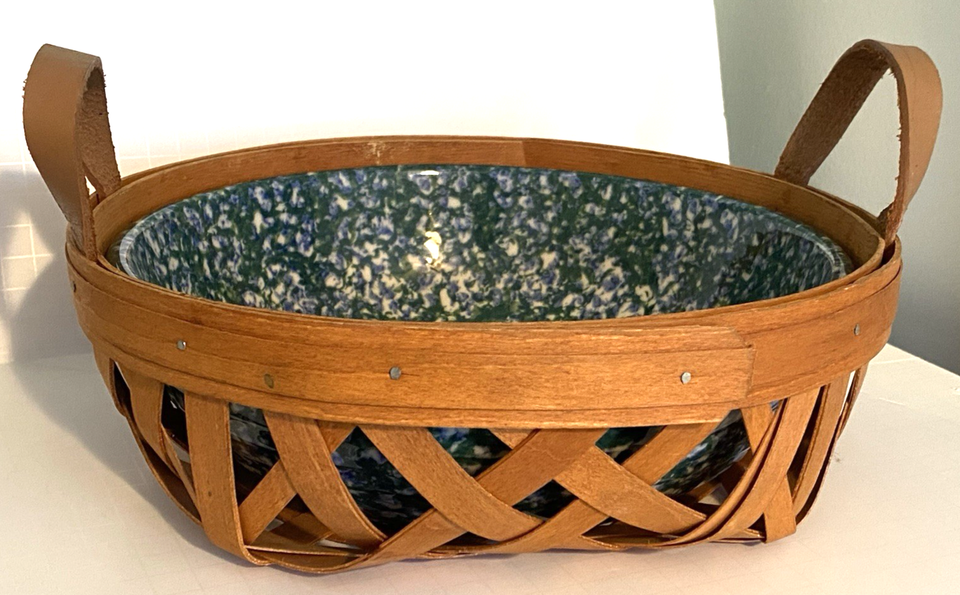 HENN Spongeware Pottery Blue Green ROUND Baking Pasta Dish HENN Handled ...