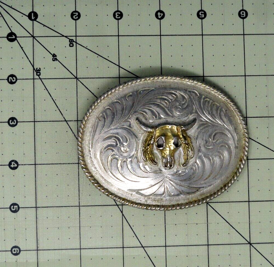 Bison Skull Belt Buckle Native American Scroll Roped Vtg Alpaca Mexico ...