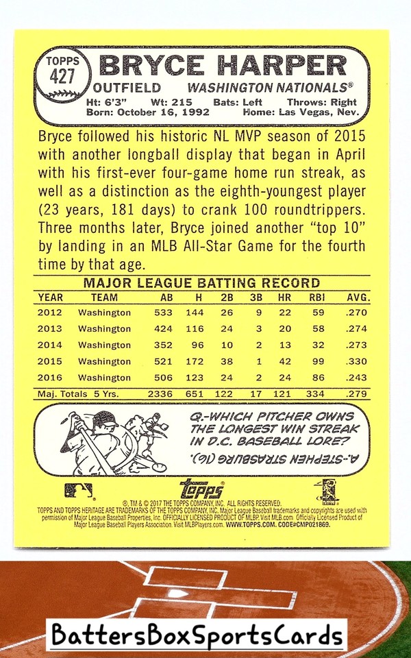 2017 Topps Heritage #427a Bryce Harper | eBay