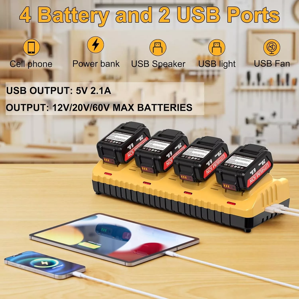 For DEWALT 12/20V DCB104 4-Port Battery Charger Fast charger Lithium XR ...