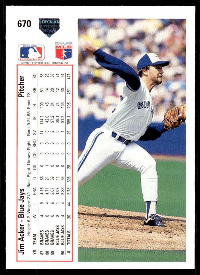 1991 Upper Deck 670 Jim Acker Toronto Blue Jays Baseball Card | eBay