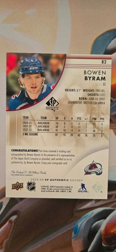 2023-24 SP Authentic Hockey Bowen Byram Limited Auto | eBay