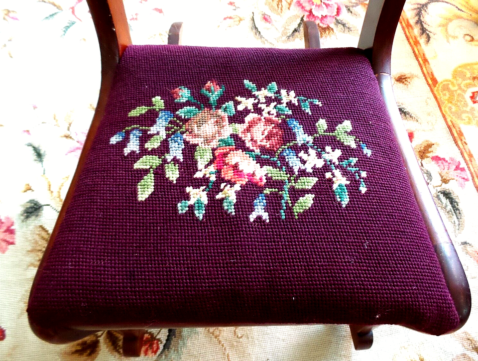 Children's Vintage Duncan Phyfe Rose Mahogany Rocking Chair Needlepoint ...