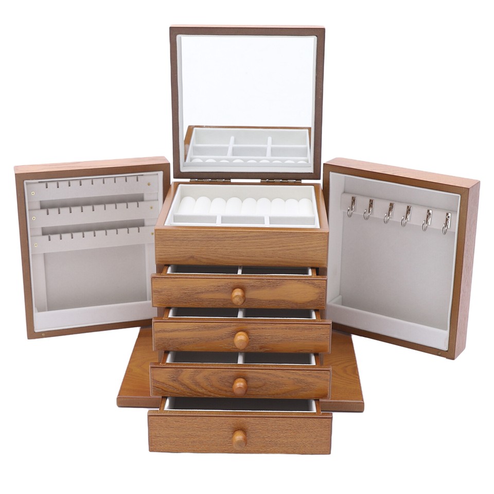 Vintage Large Jewelry Organizer Wooden Storage Box 5 Layers Case with 4 ...