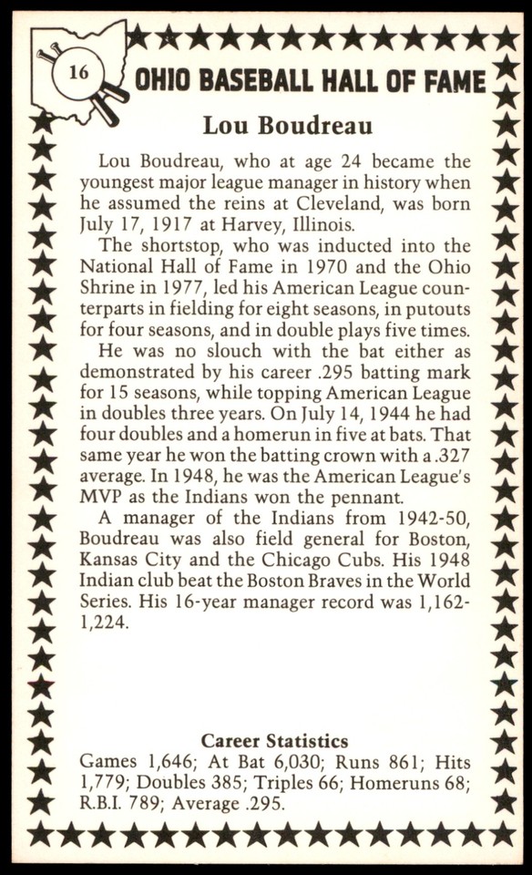 1982 OHIO BASEBALL HALL OF FAME #16 LOU BOUDREAU CLEVELAND INDIANS | eBay