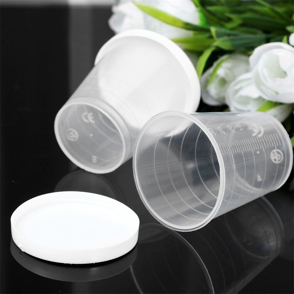 10Pcs 30ml Clear Plastic Lab Test Liquid Measuring Cup with Cap Sample ...