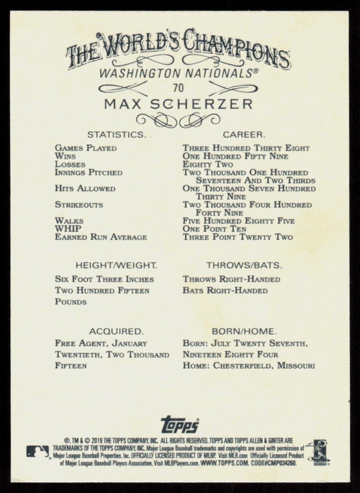 2019 Topps Allen & Ginter Max Scherzer #70 BASEBALL Washington ...
