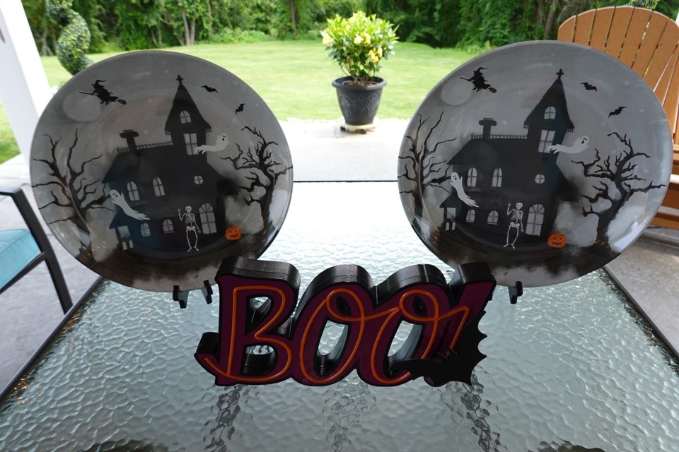 BATTERY-OPERATED BOO SIGN AND 2 HALLOWEEN HAUNTED HOUSE MELAMINE ...