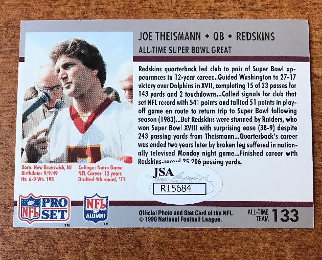Joe Theismann Autographed Signed Card JSA COA Authentic NFL Football ...